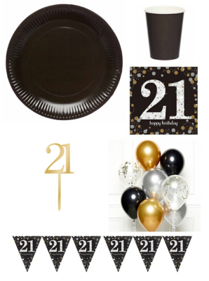 Amscan 21st Birthday Black & Gold Deluxe Party Kit for 16 | Toys ...