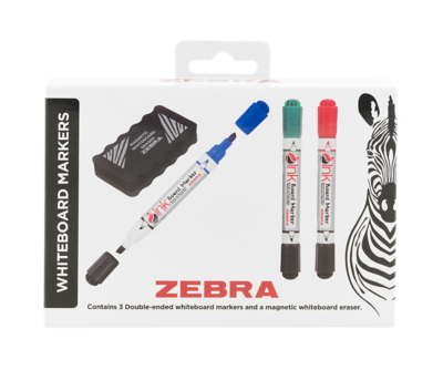 Zebra Double Ended Whiteboard Marker 3pk +Magnetic Eraser | School ...