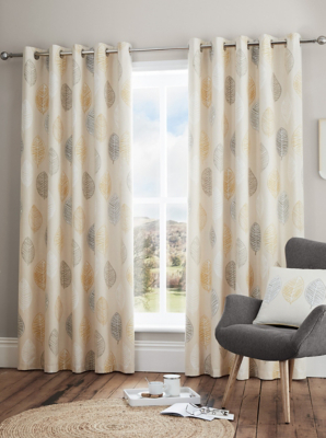 Fusion Skandi Ochre Leaf Print Eyelet Curtains | Home | George at ASDA