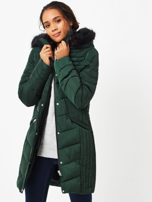 Bottle Green Faux Fur Trim Hooded Longline Padded Coat | Women | George