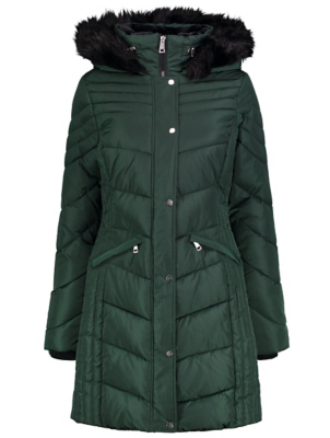 Bottle Green Faux Fur Trim Hooded Longline Padded Coat | Women | George