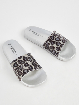 Silver Leopard Print Embellished Sliders | Women | George at ASDA