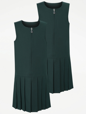 Girls Bottle Green Drop Waist Pleat School Pinafore Dress 2 Pack ...