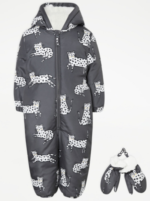 Charcoal Leopard Print Hooded Shower Resistant Snowsuit | Kids | George ...