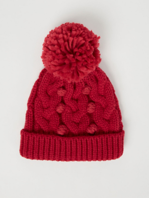 Red Cable Knit Bobble Hat | Kids | George at ASDA