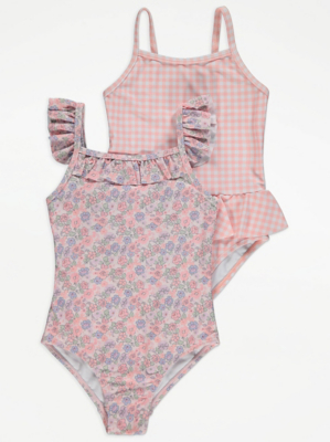 Pink Floral and Gingham Print Swimsuits 2 Pack | Kids | George at ASDA