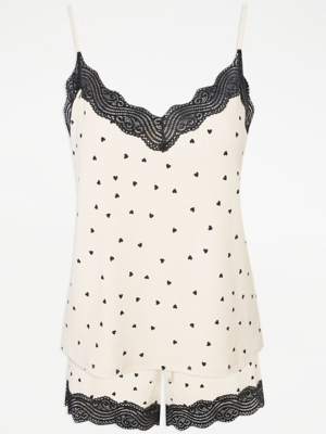 Cream Heart Print Ribbed Pyjamas | Women | George at ASDA