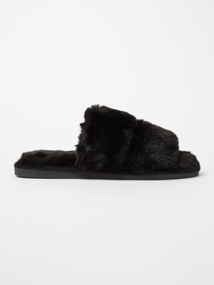 Black Faux Fur Slider Slippers | Women | George at ASDA