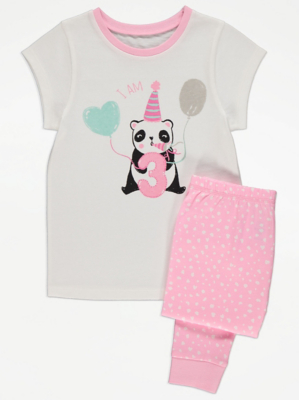 Pink I Am Three Panda Print Birthday Pyjamas | Kids | George at ASDA