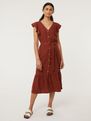 Red Linen Blend Frilled Tiered Midi Dress | Women | George at ASDA