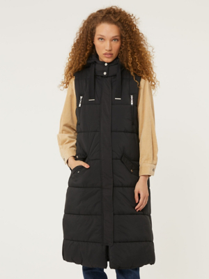 Black Hooded Quilted Longline Gilet | Women | George at ASDA