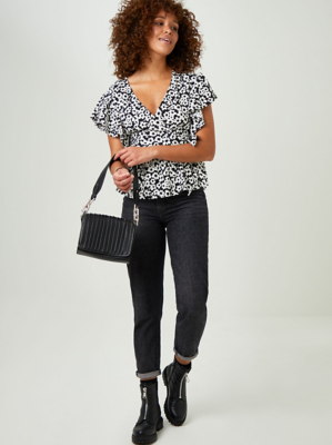 Black Floral Print Peplum Wrap Front Top | Women | George at ASDA