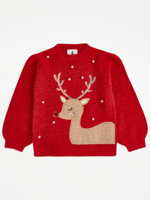 Red Fuzzy Sequin Reindeer Jumper | Kids | George at ASDA