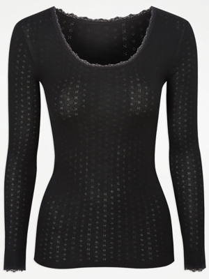 Black Pointelle Lace Thermal Long Sleeve Top | Women | George at ASDA