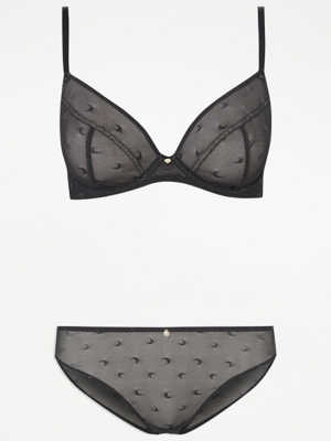 Black Mesh Moon Bra and Knickers 2 Piece Set | Lingerie | George at ASDA