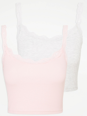 Lace Trim Ribbed Pyjama Crop Tops 2 Pack | Women | George at ASDA