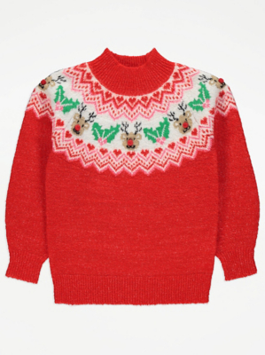 Mini Me Red Fairisle Christmas Reindeer Print Knitted Jumper | Kids ...
