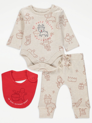 Neutral My Very 1st Christmas Reindeer 3 Piece Outfit | Baby | George ...