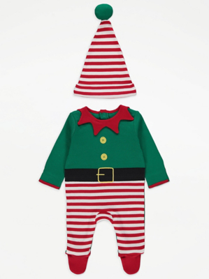 Green Christmas Elf Striped All In One and Hat Outfit | Baby | George ...