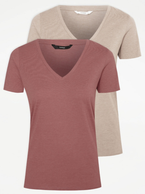 Neutral Basic V-Neck T-Shirts 2 Pack | Women | George at ASDA