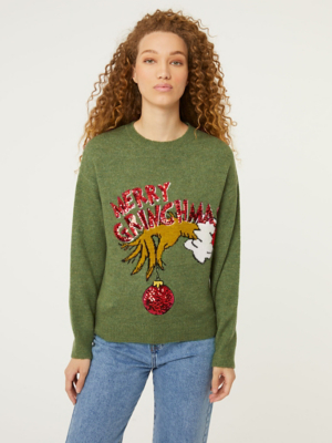The Grinch Merry Grinchmas Slogan Print Green Jumper | Women | George ...