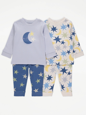 Blue Moon and Stars Pyjamas 2 Pack | Baby | George at ASDA