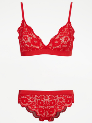 Red Lace Bralette And Knickers Set | Women | George at ASDA