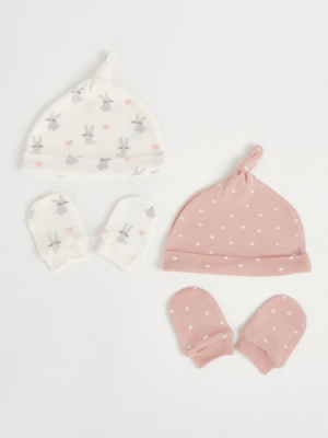 Pink Assorted Bunny Heart Hat and Scratch Mitts Set 2 Pack | Baby ...