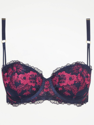 Entice Navy Floral Embroidered Balcony Bra | Lingerie | George at ASDA