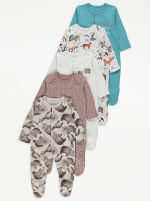 Safari Animal Print Sleepsuits 5 Pack | Baby | George at ASDA