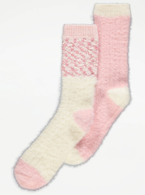 Pink Ribbed Fluffy Slipper Socks 2 Pack | Women | George at ASDA
