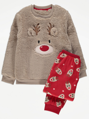 Reindeer Print Fleece Pyjamas | Kids | George at ASDA