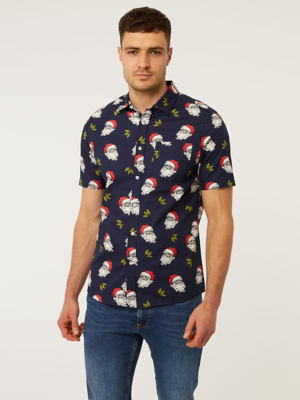 Navy Santa Print Christmas Shirt | Men | George at ASDA