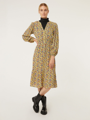 Yellow Floral Print Tiered Midi Shirt Dress | Women | George at ASDA