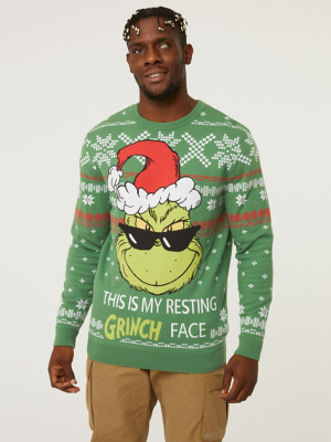 Matching The Grinch Green Resting Grinch Face Christmas Jumper | Men ...