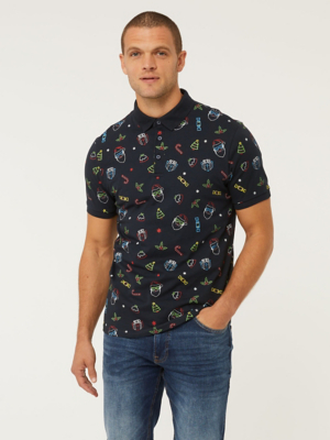Navy Christmas Neon Polo Top | Men | George at ASDA