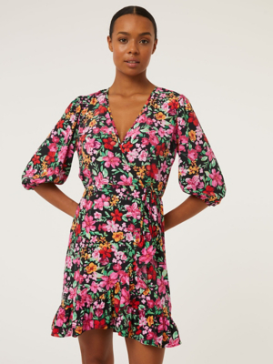 Bright Pink Floral Print Wrap Front Mini Dress | Women | George at ASDA