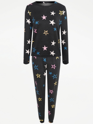 Black Star Print Brushed Snit Pyjama Gift Set | Women | George at ASDA