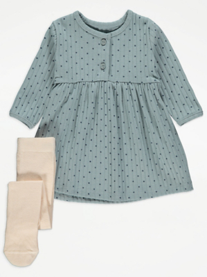 Sage Green Spot Ribbed Dress and Tights Outfit | Baby | George at ASDA