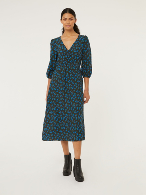 Blue Ditsy Floral Print Ruched Front Midi Dress | Women | George at ASDA