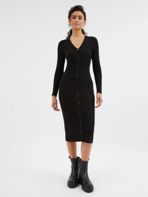 Black Ribbed Button Up Midi Dress | Women | George at ASDA