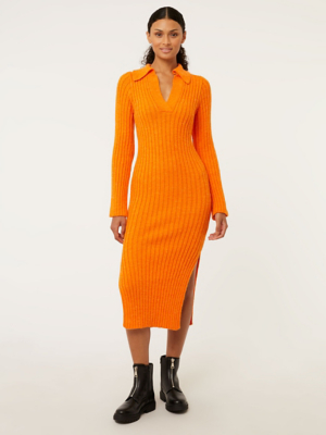 Orange Collared Ribbed Knitted Midi Dress | Women | George at ASDA