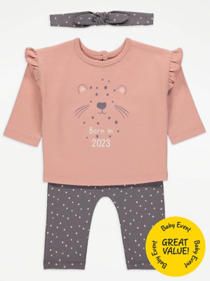 Pink Born In 2023 Slogan Print Top Leggings and Headband Outfit | Baby ...