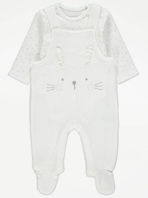 White Bunny Print Dungarees and Bodysuit Outfit | Baby | George at ASDA
