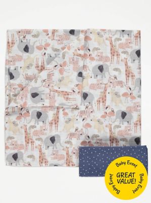 Neutral Safari Animal Print Muslin Squares 2 Pack | Baby | George at ASDA