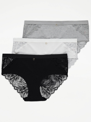 Grey Lace Trim Ribbed Midi Briefs 3 Pack | Lingerie | George at ASDA