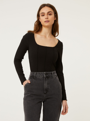 G21 Black Seam Detail Ribbed Top | Women | George at ASDA