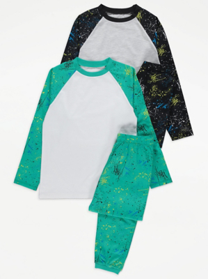 Jade Green Paint Splatter Long Sleeve Pyjamas 2 Pack | Kids | George at ...