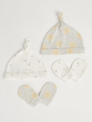 Unisex Grey Star Print Hat and Scratch Mitt Set 2 Pack | Baby | George ...