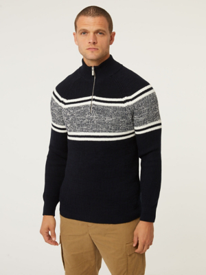 Navy Striped Knitted Quarter Zip Jumper | Men | George at ASDA